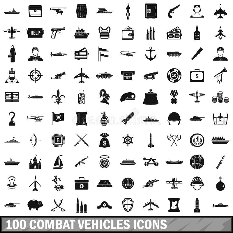 100 Combat Vehicles Icons Set, Simple Style Stock Vector - Illustration ...