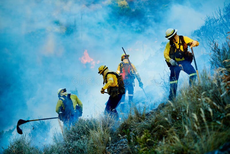 Combating the Flames. Shot of Fire Fighters Combating a Wild Fire ...