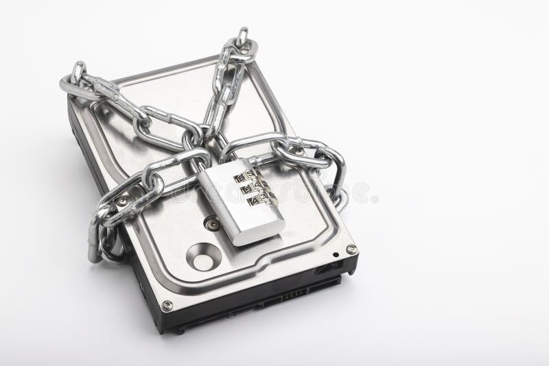 Combination Key Locked with Metal Chain and Hard Disk on White ...