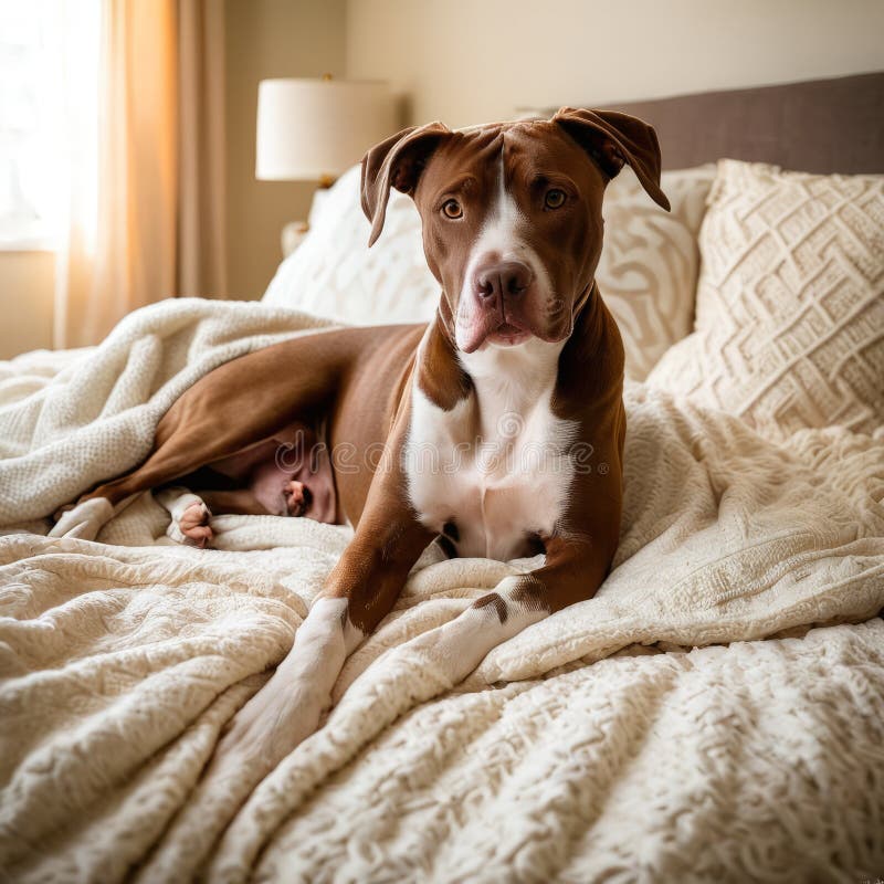 Pitbull Pointer Mixresting on a Cozy Bed in a Sunlit Bedroom with Soft ...