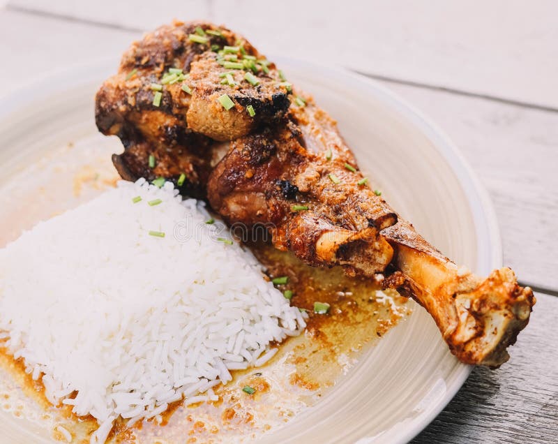 Combination Plate of Roast Lamb with White Rice Stock Image - Image of ...