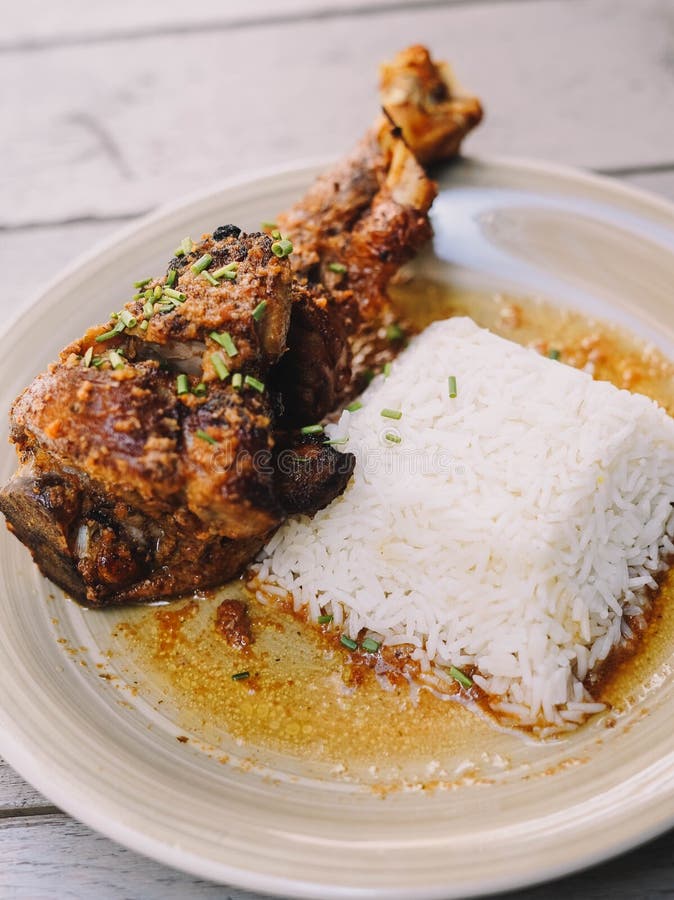 Combination Plate of Roast Lamb with White Rice Stock Photo - Image of ...