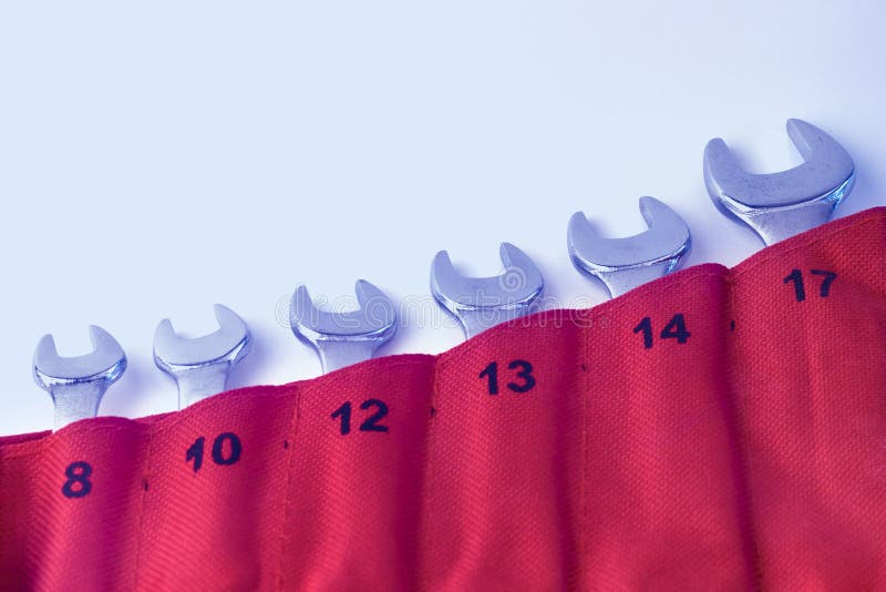 Combination Spanner Set in a Red Bag Close Up. Blue Light Stock Image ...