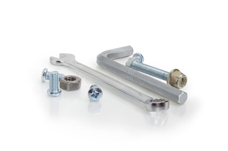 Combination Wrench and Hex Key among of Bolts, Screws, Nuts Stock Image ...
