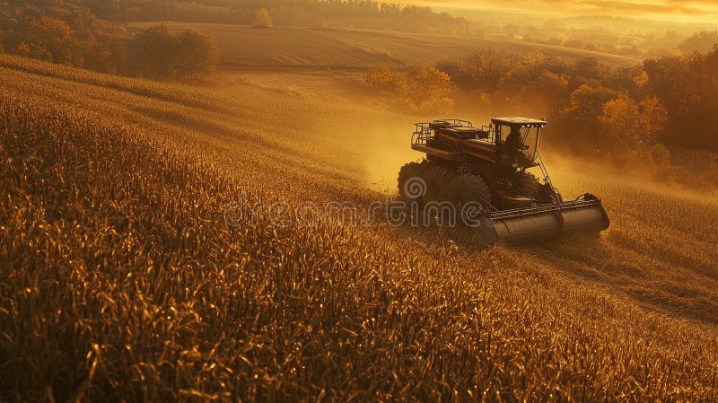 Combine Harvester Working in Field during Sunset Stock Illustration ...