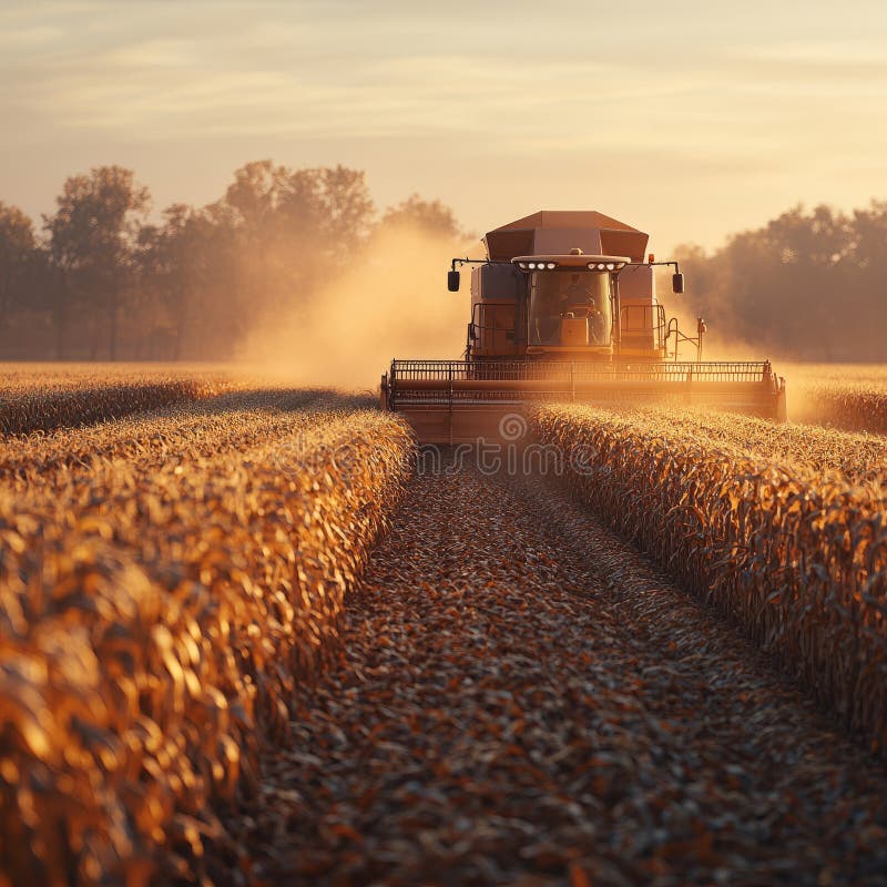 Combine Harvester Working in a Field during Sunset. Stock Photo - Image ...