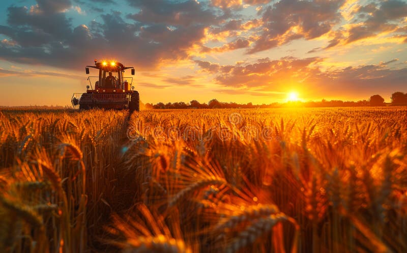 Combine Harvester Working in Wheat Field at Sunset Stock Image - Image ...
