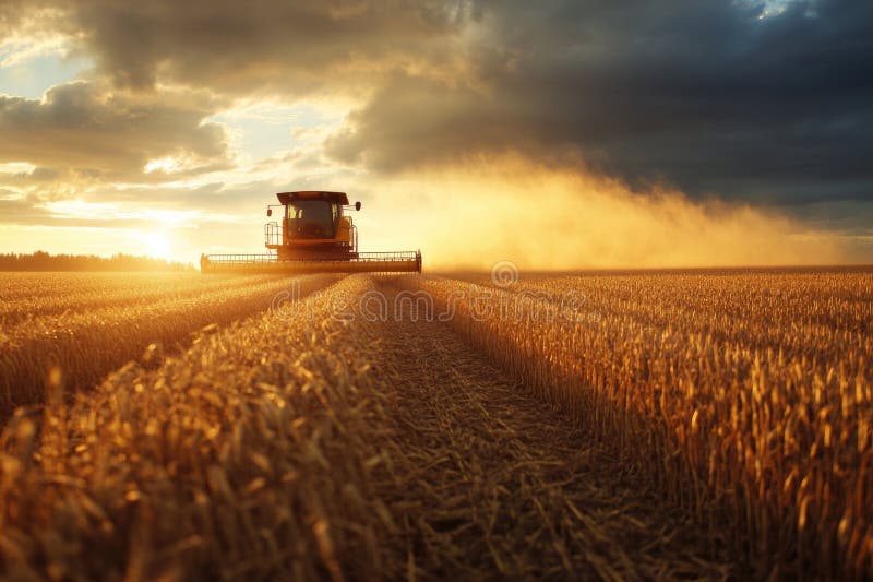Combine Harvester Working in Wheat Field at Sunset Stock Image - Image ...