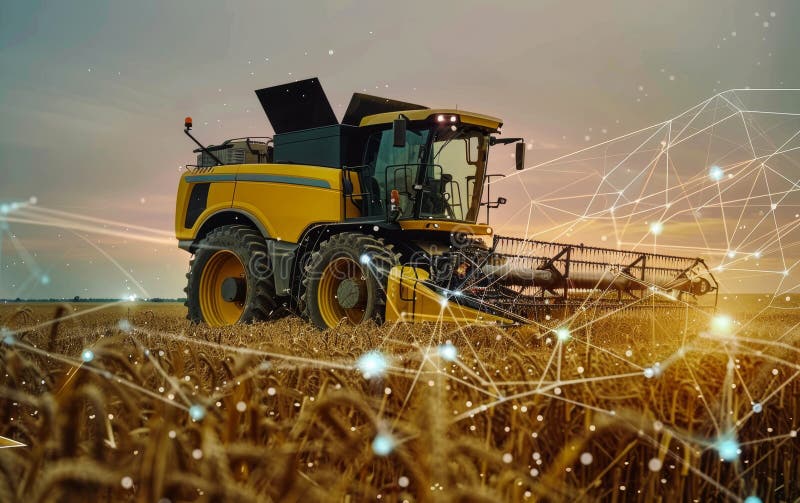 A Combine Harvester Works Efficiently in a Golden Wheat Field with an ...