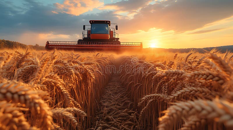 Combine Harvesting Wheat Field Sunset Agriculture Stock Illustration ...
