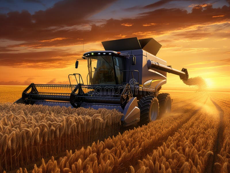 Combine Harvesting Wheat at Sunset. Generative AI. Stock Image - Image ...