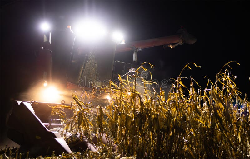 The Combine Harvests at Night Stock Photo - Image of twilight, dark ...