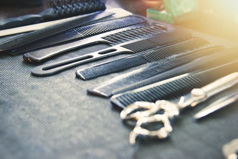 Combs, Brushes and Scissors on the Table in the Barbershop Stock Photo ...