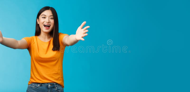 Come Closer Let Me Hug You Cheerful Lovely Asian Brunette Girl Stretch Hands Forward Wanna