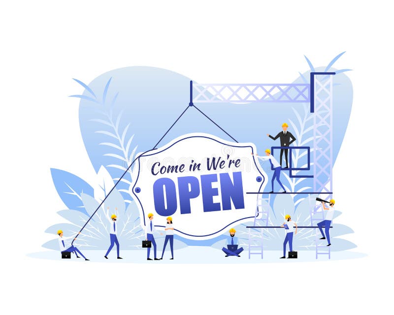 Come in we are Open Sign Door, Many People. Vector Illustration Stock ...