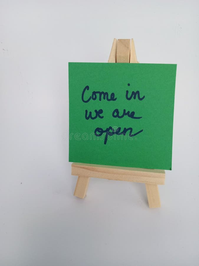 Come in we are Open Sign on a Wood Easel on a White Background Stock ...