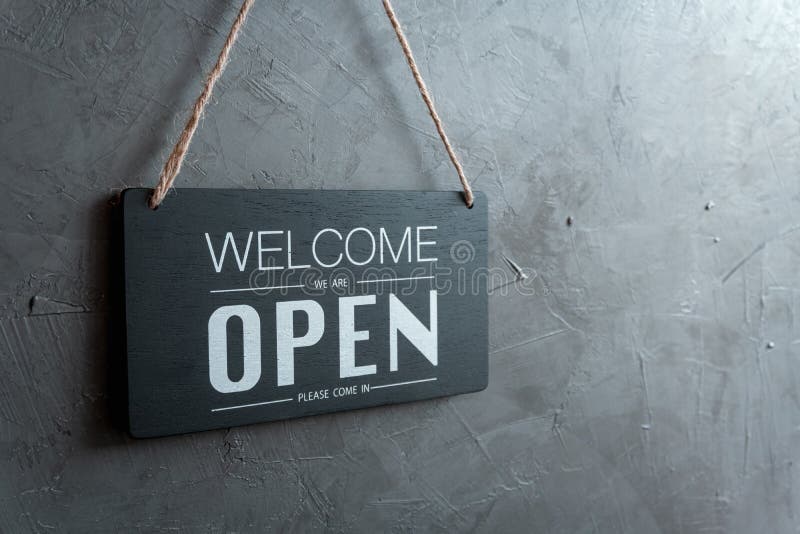 Come in we Re Open, Vintage Black Retro Sign in Back Wall Stock Photo ...