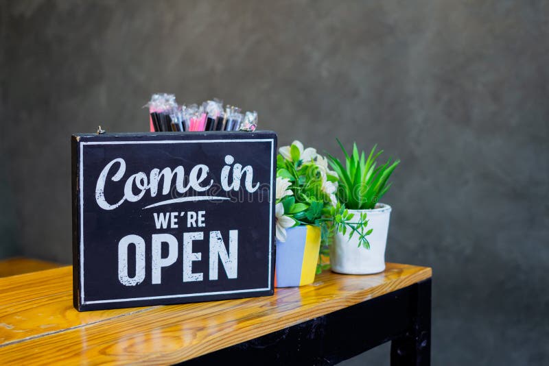 Come in we Re Open, Vintage Black Retro Sign in Cafe Stock Image ...