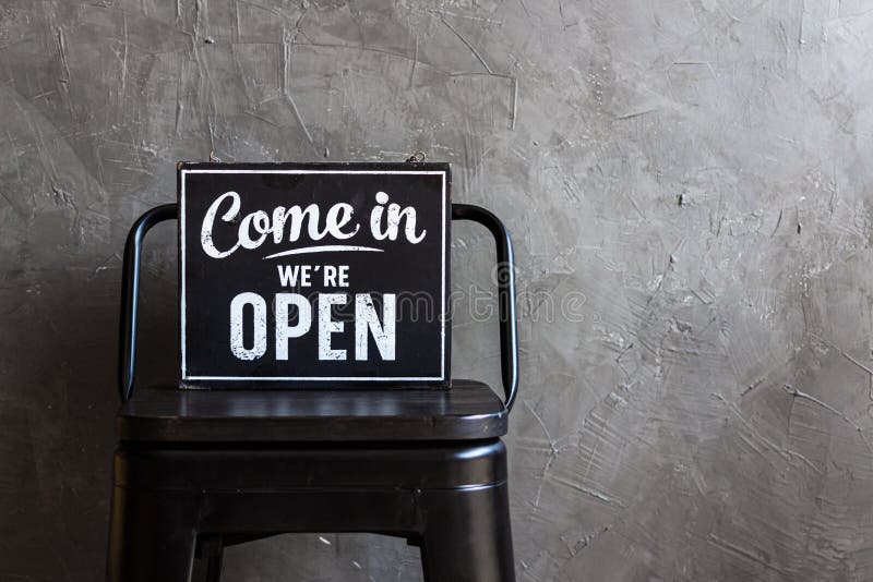 Come in we Re Open, Vintage Black Retro Sign in Cafe Stock Photo ...