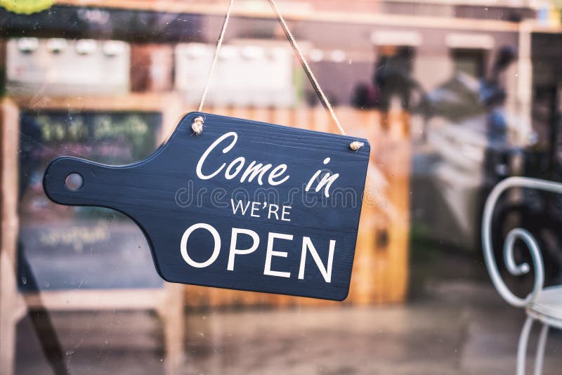 Come in we Re Open, Vintage Black Retro Sign in Restaurant. Stock Image ...