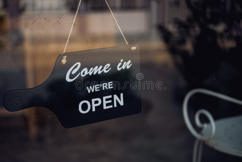 Come in we Re Open, Vintage Black Retro Sign in Restaurant. Stock Photo ...