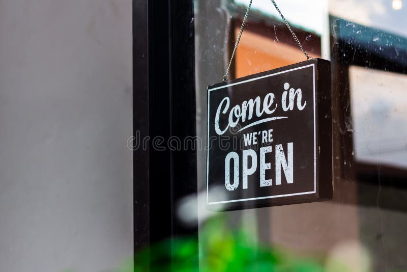 Come in we Re Open, Vintage Black Retro Sign in Store Front Stock Photo ...
