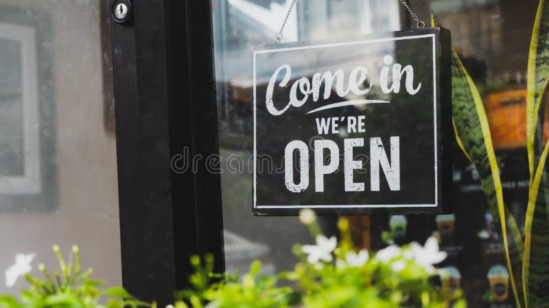 Come in we Re Open, Vintage Black Retro Sign in Store Front Stock Photo ...