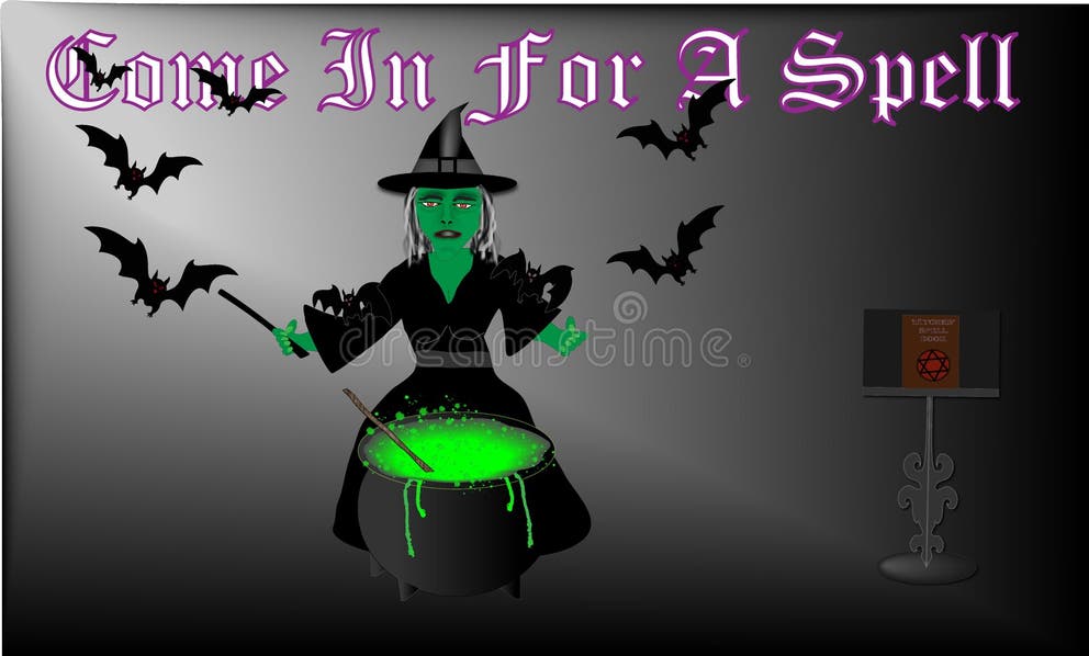 Come in for a Spell Witch with Bubbling Cauldron, Bats and a Spell Book ...