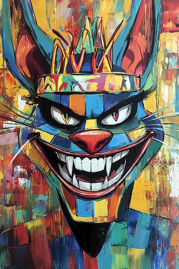 Vibrant Abstract Painting of a Feline Creature with a Grinning Face ...