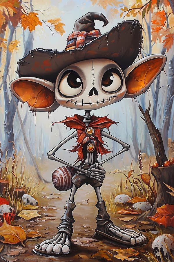 Whimsical Skeletal Elf in Autumnal Forest Wearing Hat and Cloak Fantasy ...