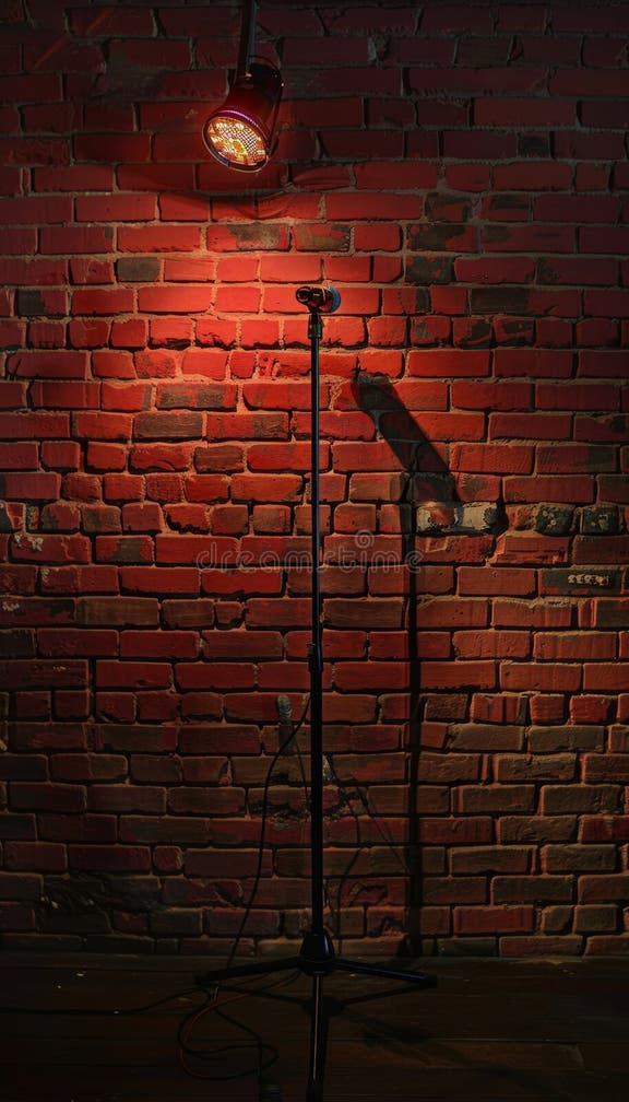 Comedy Club Stage with Brick Wall Backdrop Audience View of Microphone ...