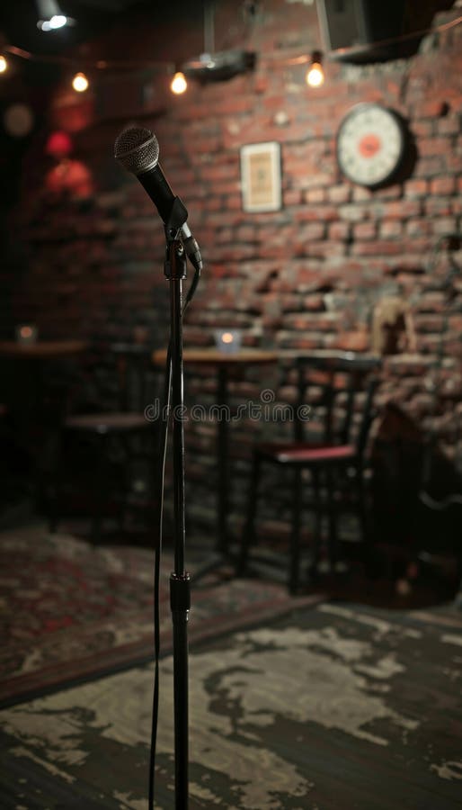 Comedy Club Stage with Brick Wall Backdrop and Microphone Stand ...