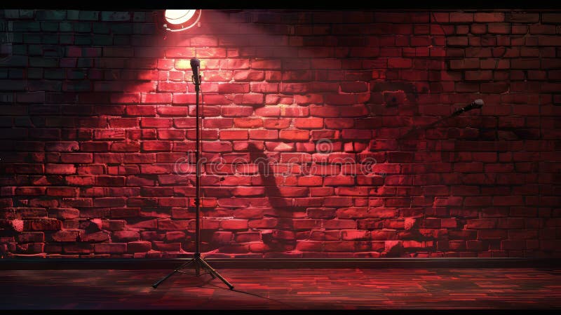 Comedy Club Stage with Brick Wall Backdrop, Spotlight Illuminating the ...
