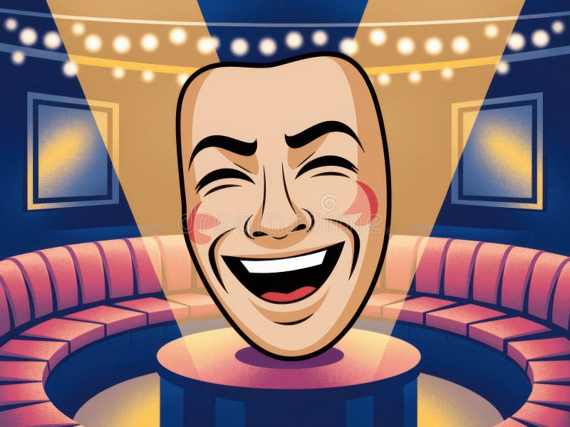 Comedy Mask on Stage Illuminated by Spotlights in Circular Theater ...