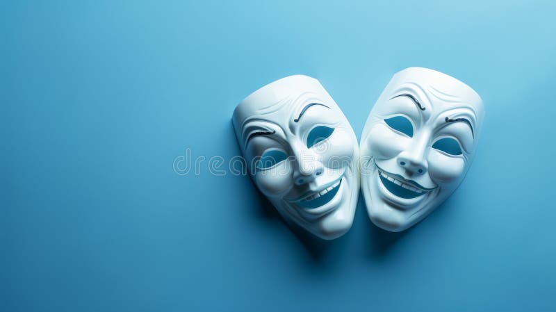 Two Masks with Faces on a Blue Background Stock Photo - Image of ...