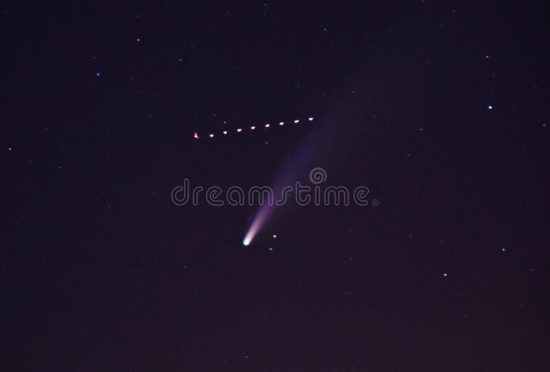 The Comet Called Neowise with the Passage of an Airplane Stock Photo ...