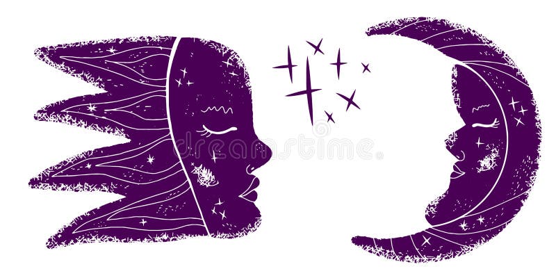 Comet and Crescent, Fantasy Creatures with Face in Linocut Style Stock ...