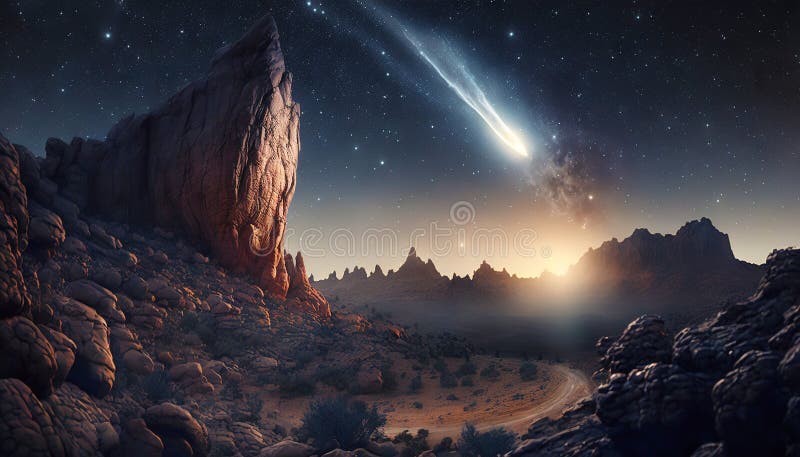 Comet Fly by the Bright Star Viewed from the Plant Surface. Beauty of ...