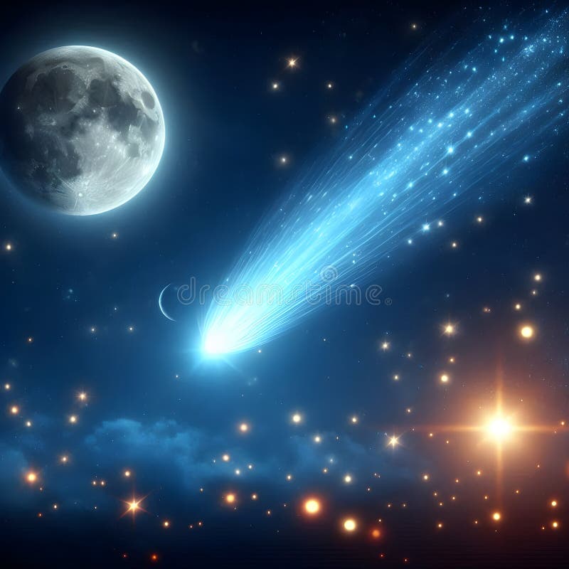 Comet Flying Near the Moon in a Starry Night Sky Stock Illustration ...