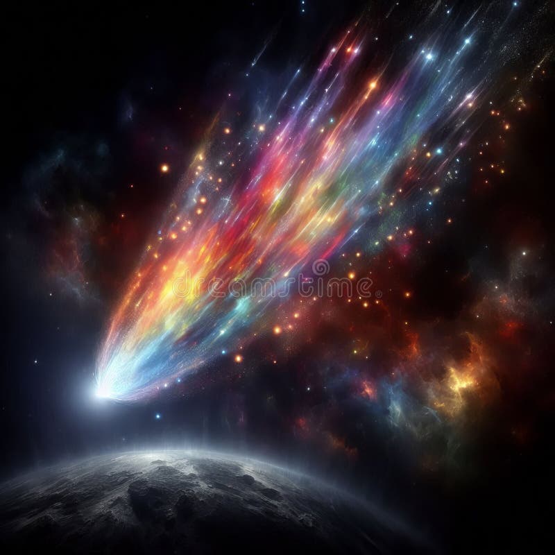 A Comet Leaving a Trail of Glowing Rainbow Colored Particles Stock ...