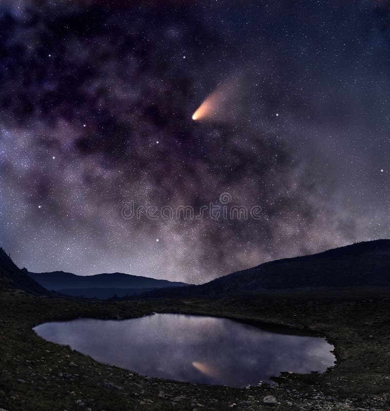 Comet over mountain lake stock photo. Image of abstract - 46342730