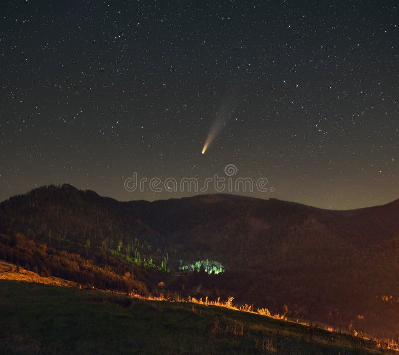 Comet over the mountain stock photo. Image of rural - 218449322