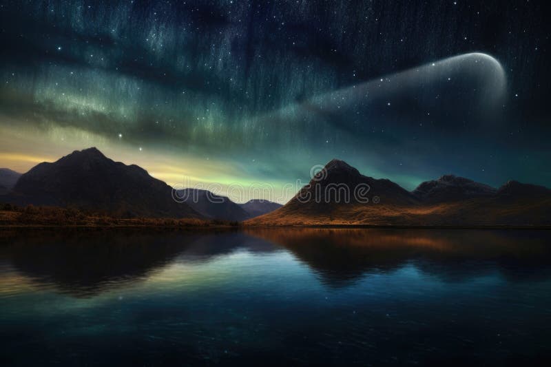 Comet Reflecting on Calm Lake with Mountains in the Distance Stock ...