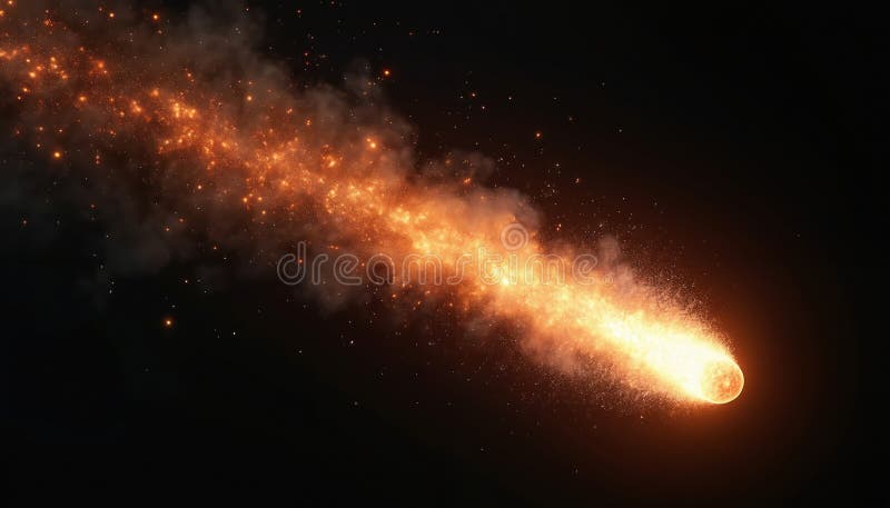 Comet Streaking Across the Night Sky. Sparks, Smoke, Particles Create ...