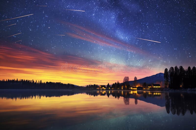 Comet Streaks Across Starry Night Sky Over Tranquil Lake Stock ...