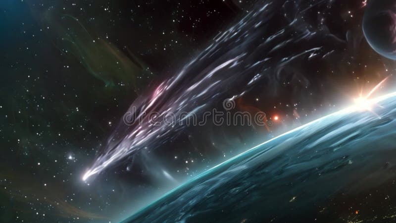 A Comet Streaks Past a Planet in a Vast, Star-filled Space. Space ...