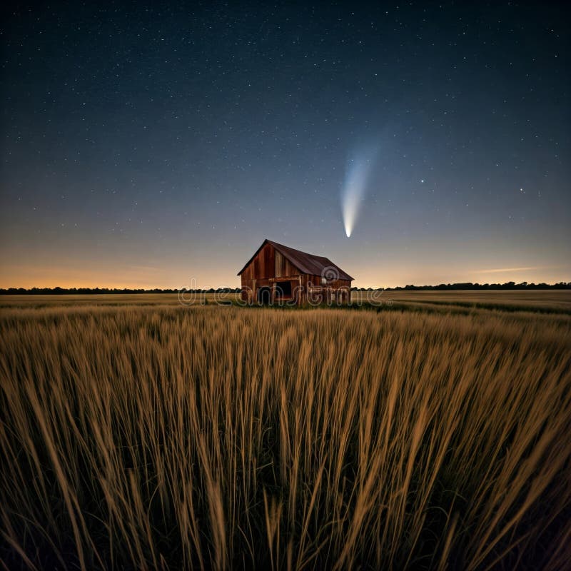 Comet Tail Glowing Over a Rustic Landscape Stock Illustration ...
