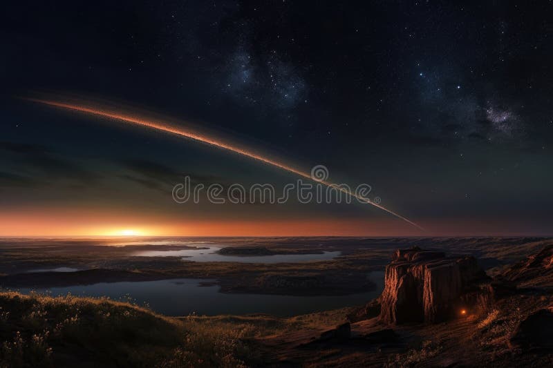 Comets Tail Curving Around Earths Horizon Stock Image - Image of ...