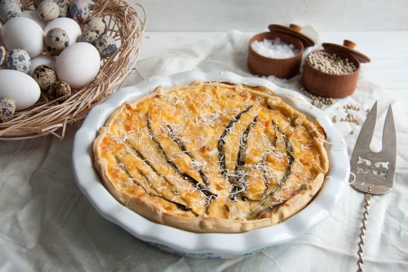 Pie with Cod, Salmon, Tomatoes, Cheese and Spring Onion Stock Image ...