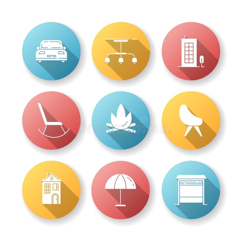 Comfort Living Flat Design Long Shadow Glyph Icons Set Stock Vector